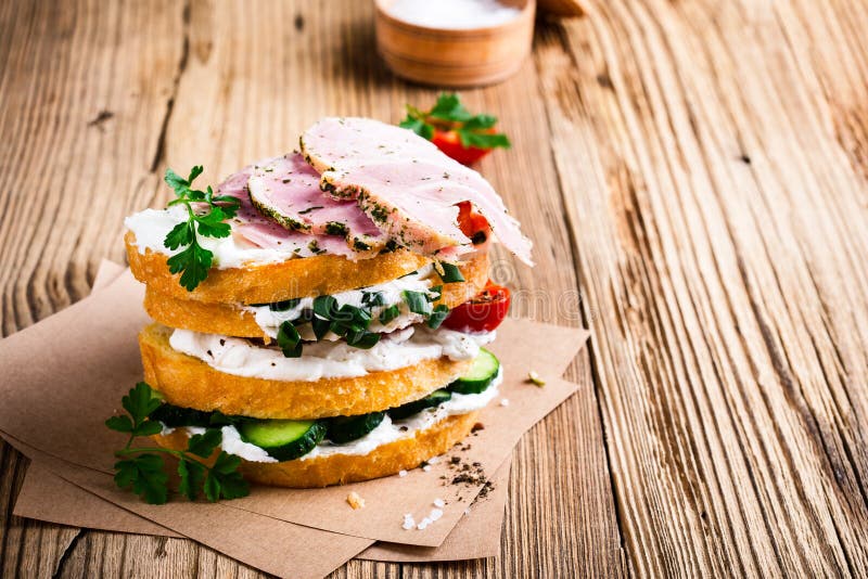 Stack of Sandwiches with Cream Cheese, Ham,cucumber, Tomato and Stock ...