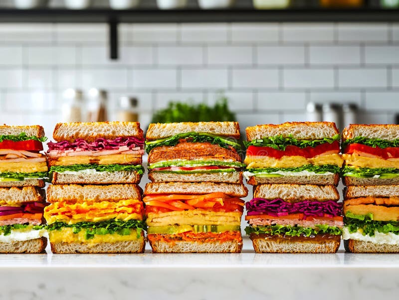 A Stack of Sandwiches Sitting on Top of a Counter Stock Photo - Image ...