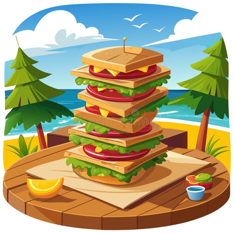 A Stack of Sandwiches on a Wooden Table by the Beach Stock Vector ...