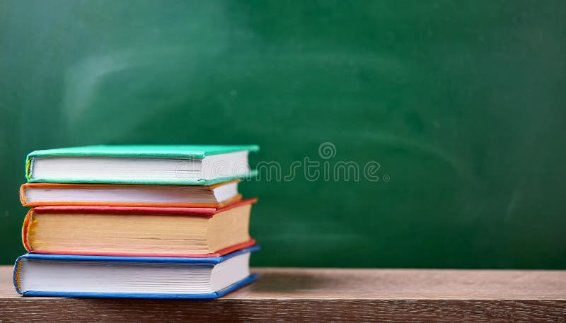 Stack of School Books Against Green Chalkboard. Reading and Education ...