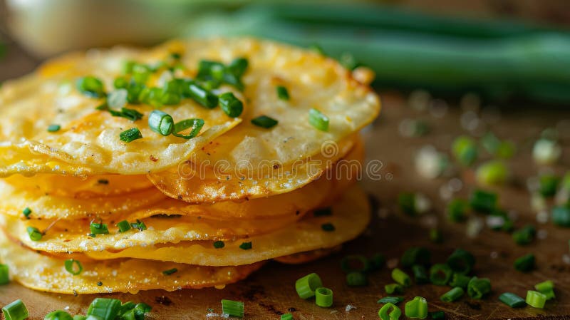 Stack of Seasoned Potato Chips Garnished with Green Onions. Stock Photo ...