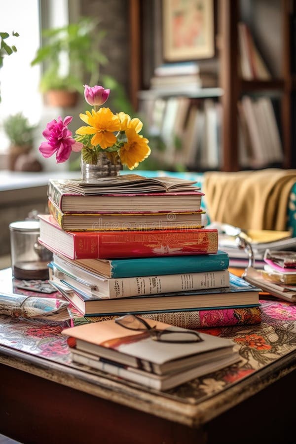 Stack of Self-help Books and a Journal on a Table Stock Illustration ...