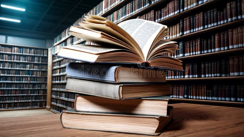 A Stack of Several Old, Thick Books Sits on a Wooden Surface Stock ...
