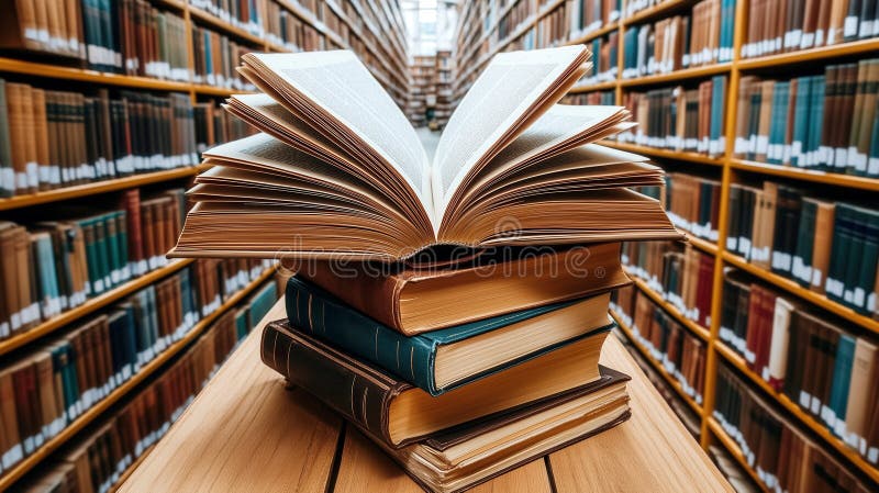 A Stack of Several Old, Thick Books Sits on a Wooden Surface, with an ...