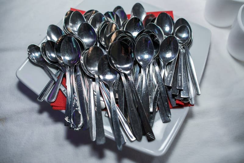 Stack of Shining Spoon, Abstract Background of Sparkling Bronze Spoon ...