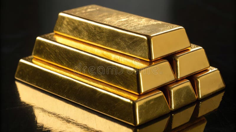 A Stack of Shiny Gold Bars Neatly Arranged on a Reflective Surface with ...