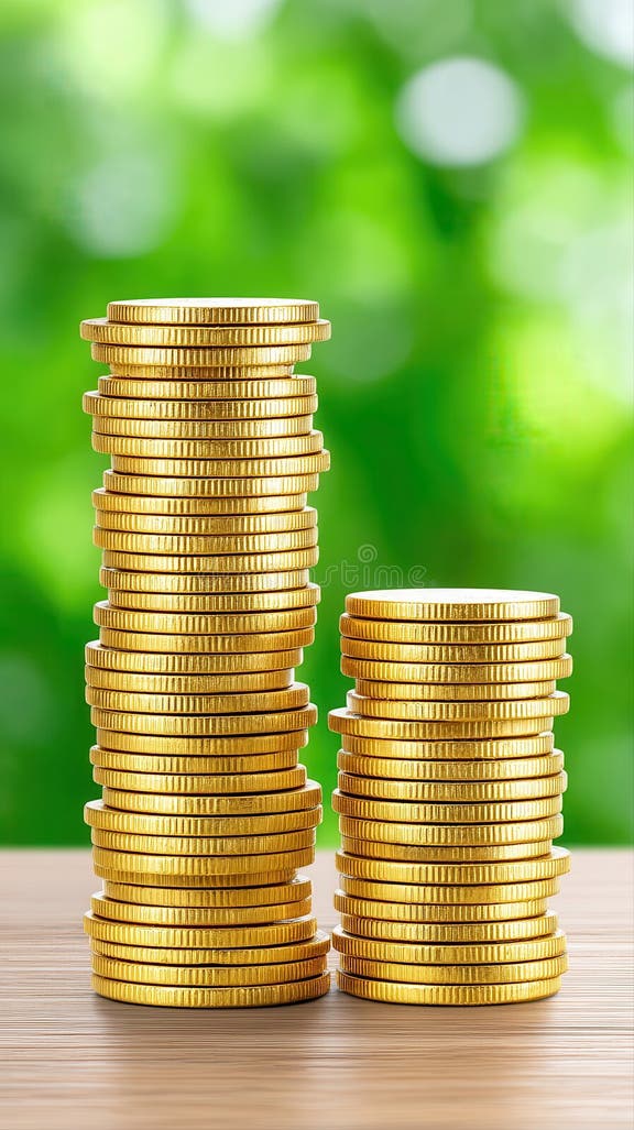 Stack of Shiny Gold Coins Arranged in Increasing Height with Lush Green ...