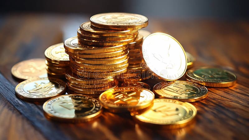 A Stack of Shiny Gold Coins Beautifully Displayed on a Rustic Wooden ...