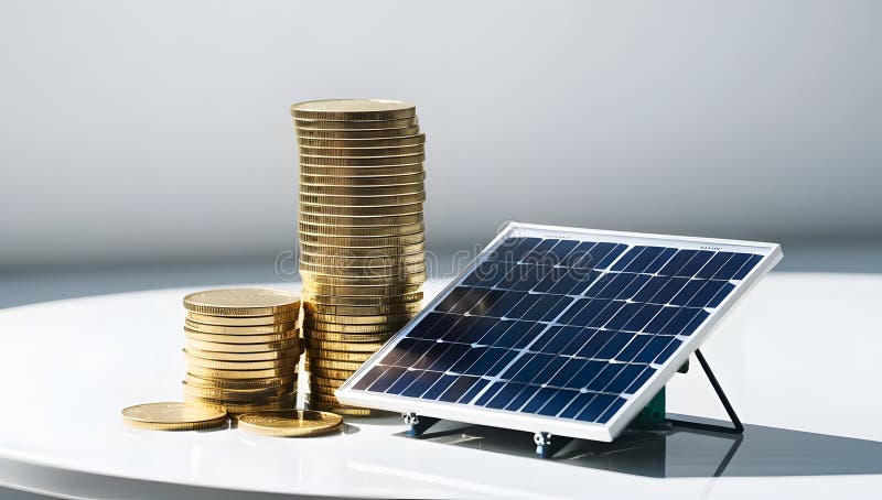 Coins and Solar Panel Model on a White Surface, Capturing Sustainable ...