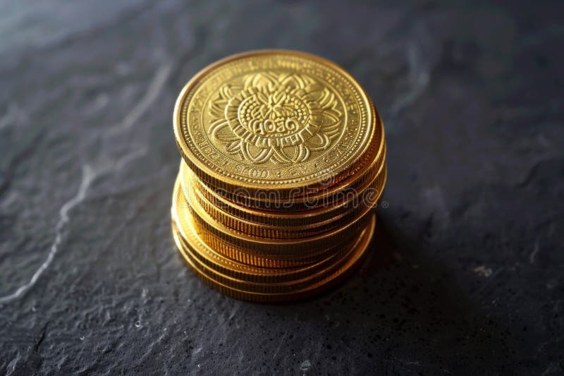 Stack of Gold Coins Sitting on Dark Stone Surface Stock Photo - Image ...