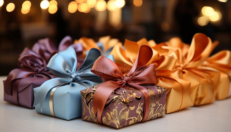 Stack of Shiny Gold Gift Boxes on Table Generated by AI Stock Photo ...