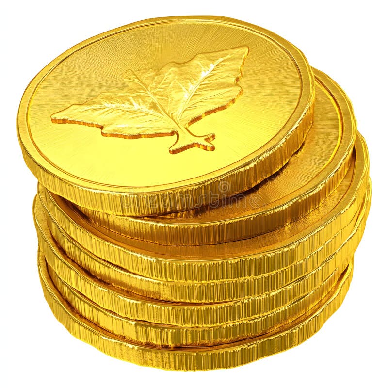 A Stack of Shiny Golden Coins with a Maple Leaf Emblem Isolated on a ...