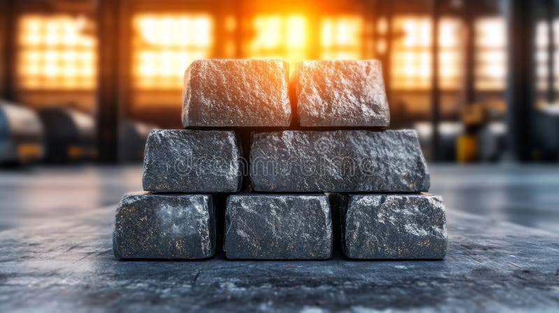 A Stack of Shiny Metal Blocks Illuminated by Warm Sunlight in an ...