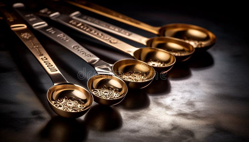 Stack of Shiny Metal Spoons on Table Generated by AI Stock Illustration ...