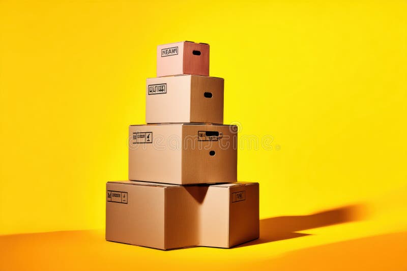 Stack of Shipping Boxes in Various Sizes Against a Bright Yellow ...