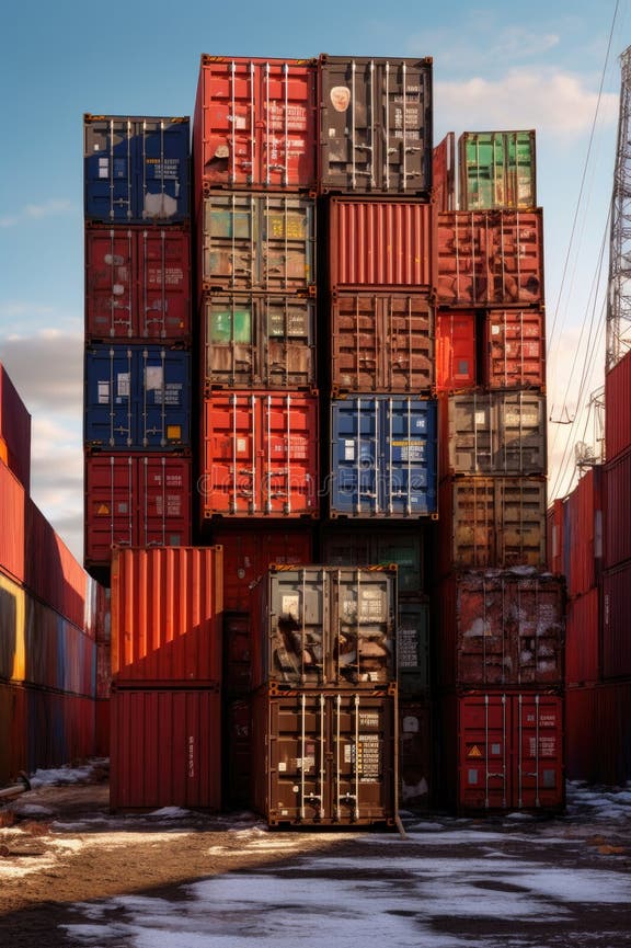 Stack of Shipping Containers in a Freight Yard Stock Image - Image of ...