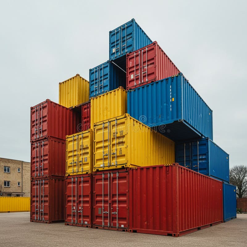 A Stack of Shipping Containers in Red, Yellow, and Blue Forms a Pyramid ...