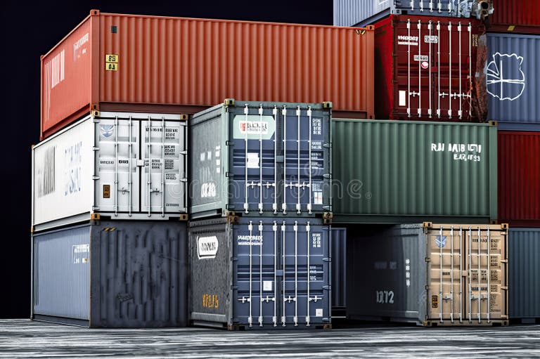 A Stack of Shipping Containers of Various Colors and Sizes, Labeled ...