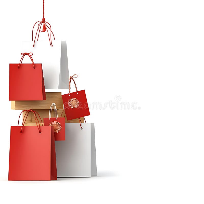 Stack of Shopping Bags in Red and White Colors, Showcasing Festive ...