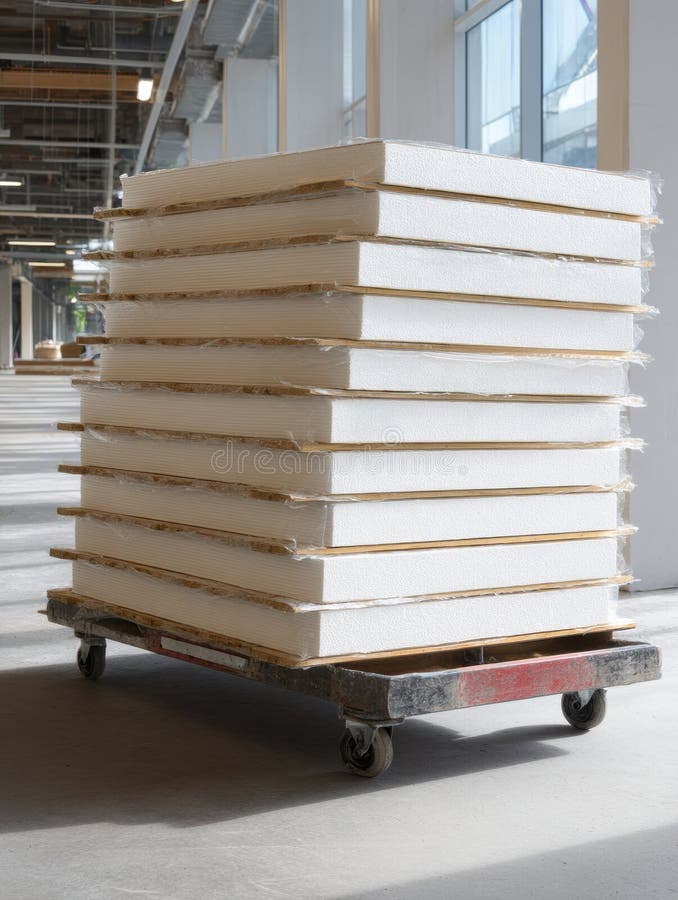 Stack of Shrink-Wrapped Insulation Boards on Dolly in Construction Area ...