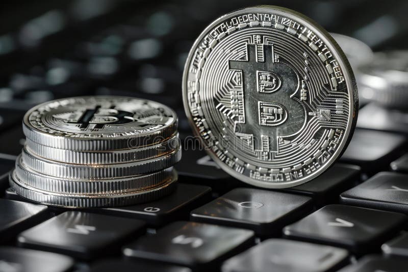 A Stack of Silver Coins on the Keyboard, One Large Coin with Bitcoin ...