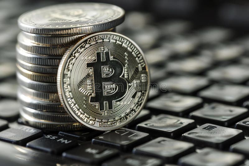 A Stack of Silver Coins on the Keyboard, One Large Coin with Bitcoin ...