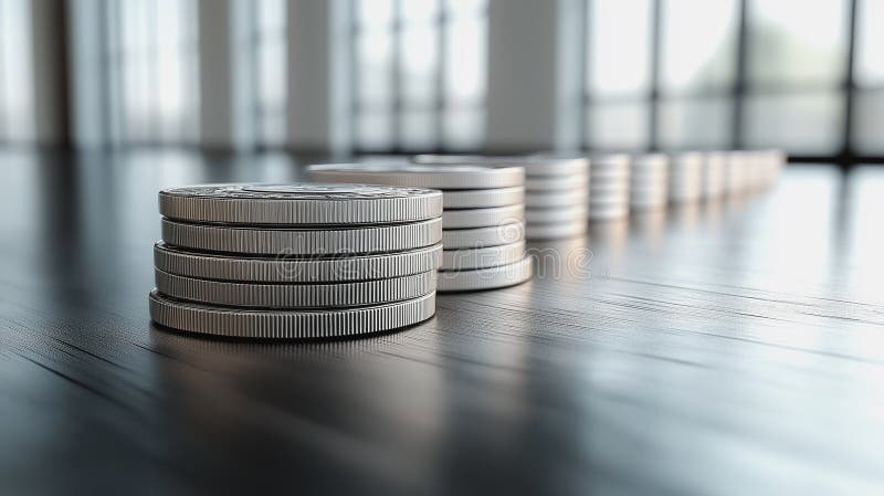 A Stack of Silver Coins on a Table. the Coins are Arranged in a Row ...