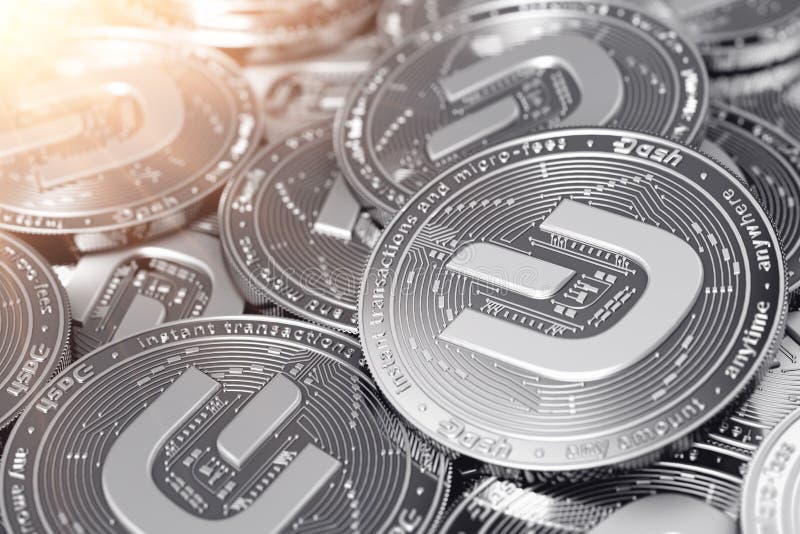 Stack of Silver Dash Coins with 2019 Updated Logo in Blurry Closeup. 3D ...