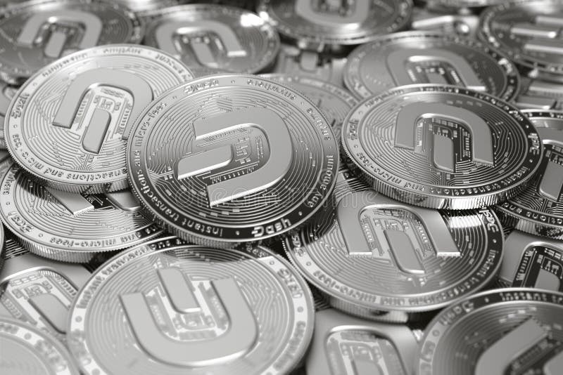 Stack of Silver Dash Coins with 2019 Updated Logo in Blurry Closeup. 3D ...