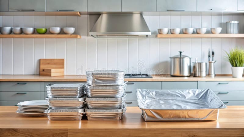 Stack of Silver Food Containers and a Large Tray on a Kitchen Counter ...