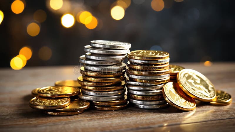 Stack of Silver and Gold Coins on a Wooden Table with Bokeh in the ...