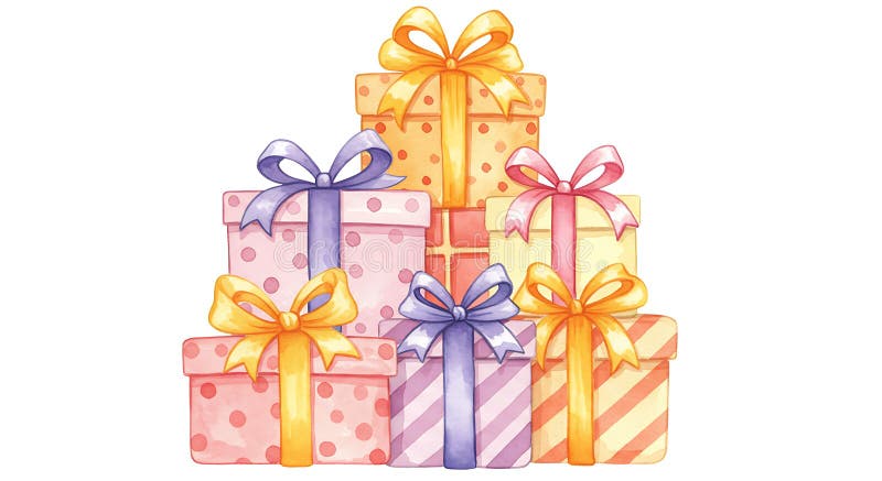 Stack of Six Colorful Gift Boxes, Each with a Unique Pattern and Ribbon ...