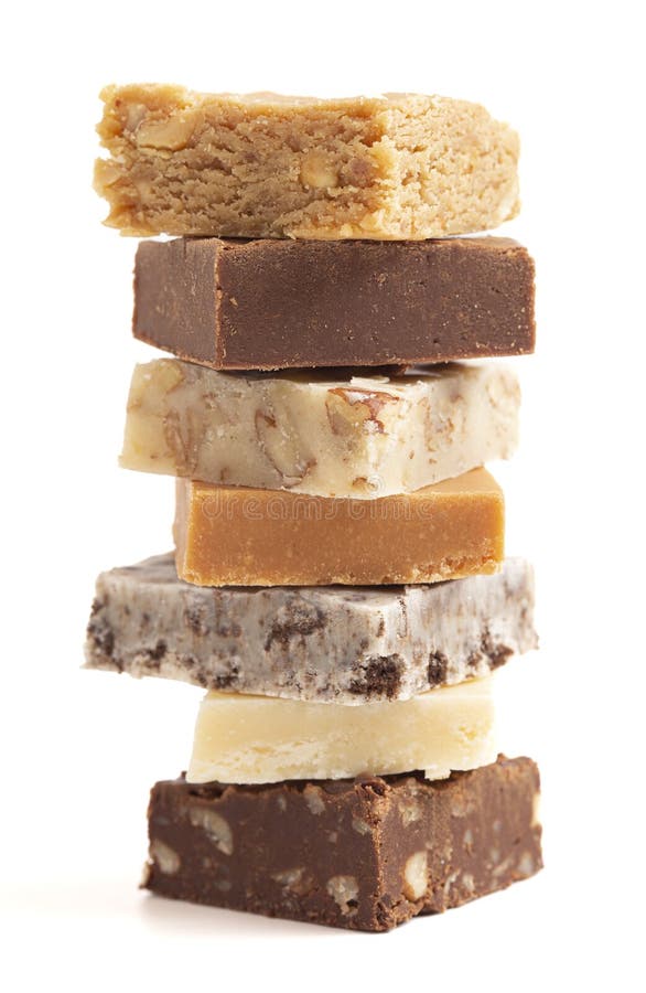 Stack of Six Different Types of Fudge on a White Background Stock Photo ...