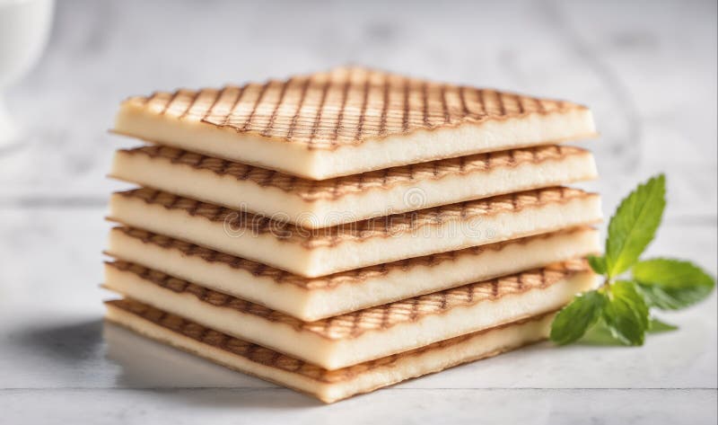 A Stack of Six Square Wafers Sits on a White Countertop with a Sprig of ...