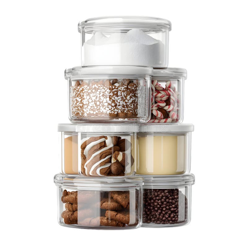 Stack of Six Transparent Plastic Containers with White Lids. Contents ...
