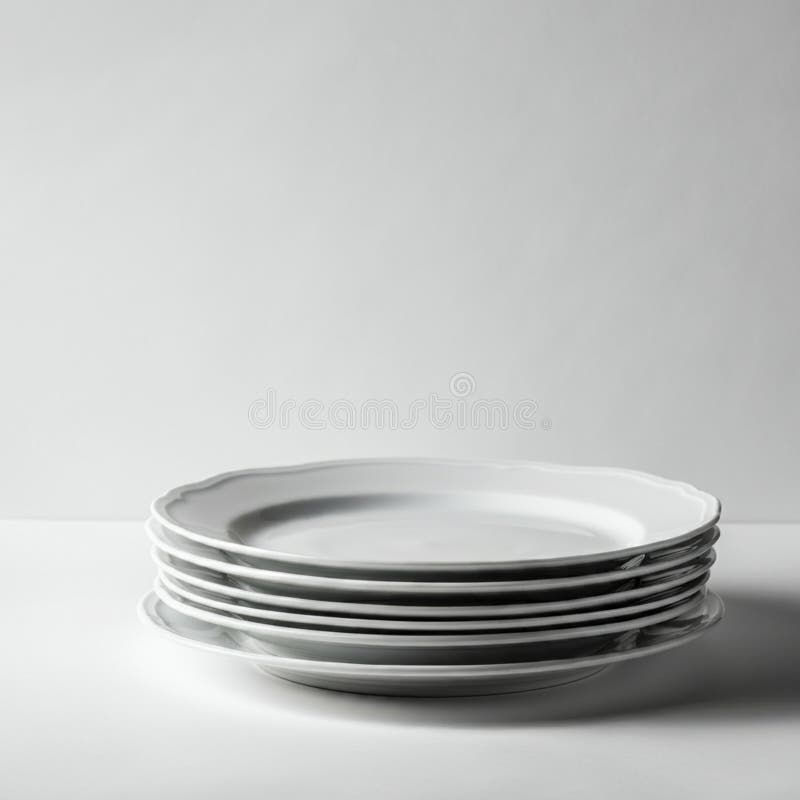 A Stack of Six White Ceramic Plates with Scalloped Edges is Placed on a ...