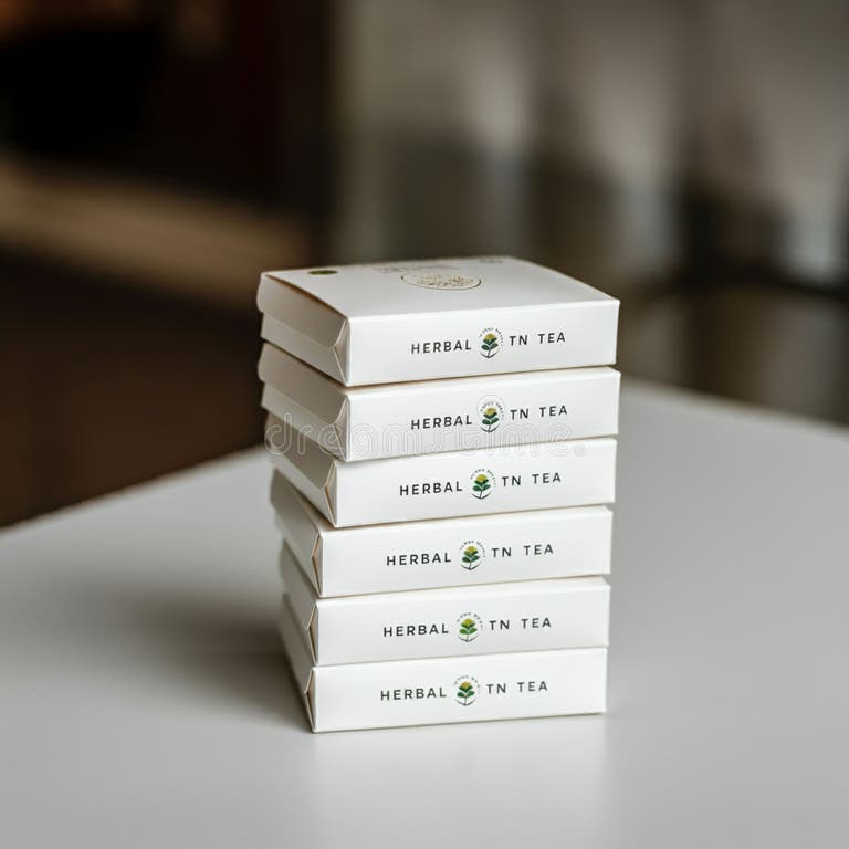 A Stack of Six White Rectangular Boxes Labeled "Herbal TN Tea" with a ...