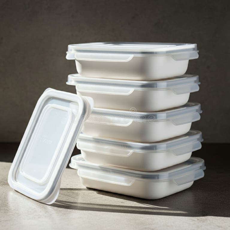 A Stack of Six White Rectangular Plastic Containers with Transparent ...