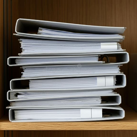 Stack of Six White Ring Binders Filled with Documents on a Wooden Shelf ...