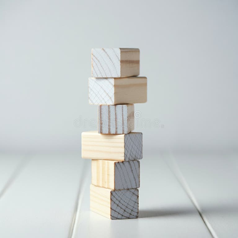 A Stack of Six Wooden Blocks Balanced Vertically on a White Surface ...