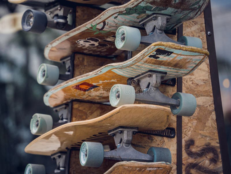 A Stack of Skateboards on a Special Outdoor Stand Stock Photo - Image ...