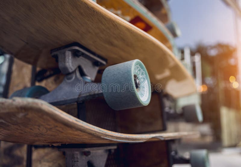 A Stack of Skateboards on a Special Outdoor Stand Stock Image - Image ...