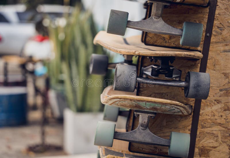 A Stack of Skateboards on a Special Outdoor Stand Stock Image - Image ...