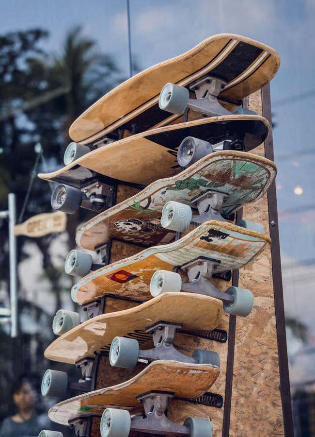 A Stack of Skateboards on a Special Outdoor Stand Stock Image - Image ...