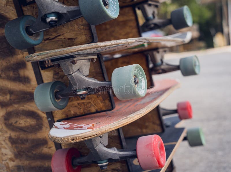 A Stack of Skateboards on a Special Outdoor Stand Stock Image - Image ...