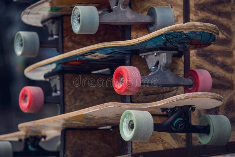 A Stack of Skateboards on a Special Outdoor Stand Stock Photo - Image ...