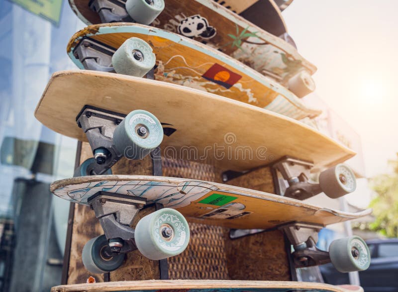 A Stack of Skateboards on a Special Outdoor Stand Stock Image - Image ...