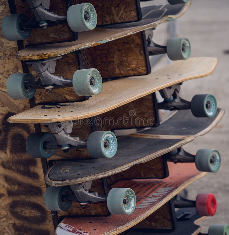 A Stack of Skateboards on a Special Outdoor Stand Stock Image - Image ...