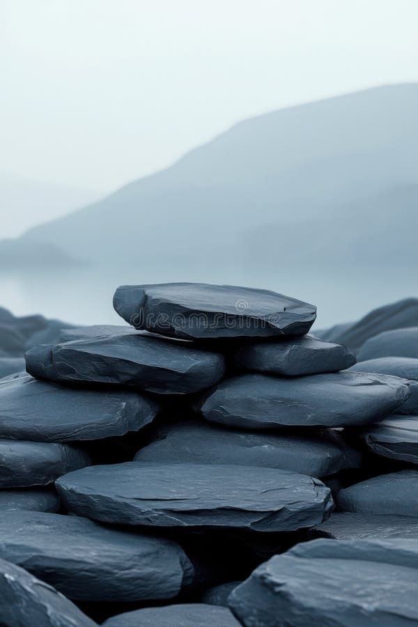 Stack of Slate Rocks in Misty Mountainous Landscape at Dawn Stock ...