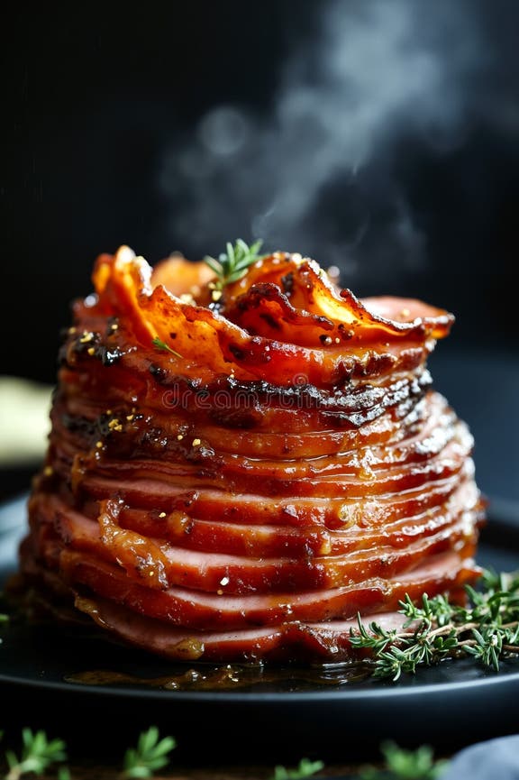 A Stack of Sliced Ham on a Black Plate with a Sprig of Rosemary Stock ...